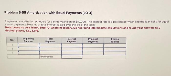 Solved Problem 5.55 Amortization with Equal Payments [LO 3] | Chegg.com