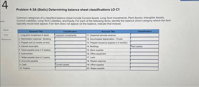 Problem 4-3A (Static) Determining balance sheet | Chegg.com
