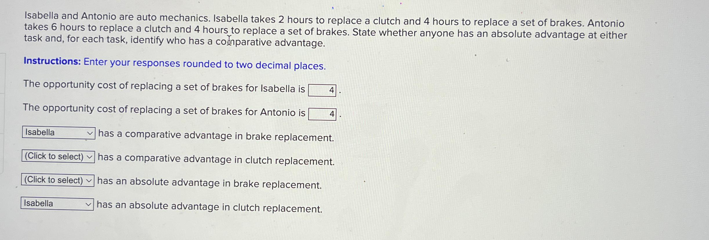 Solved Isabella and Antonio are auto mechanics. Isabella | Chegg.com