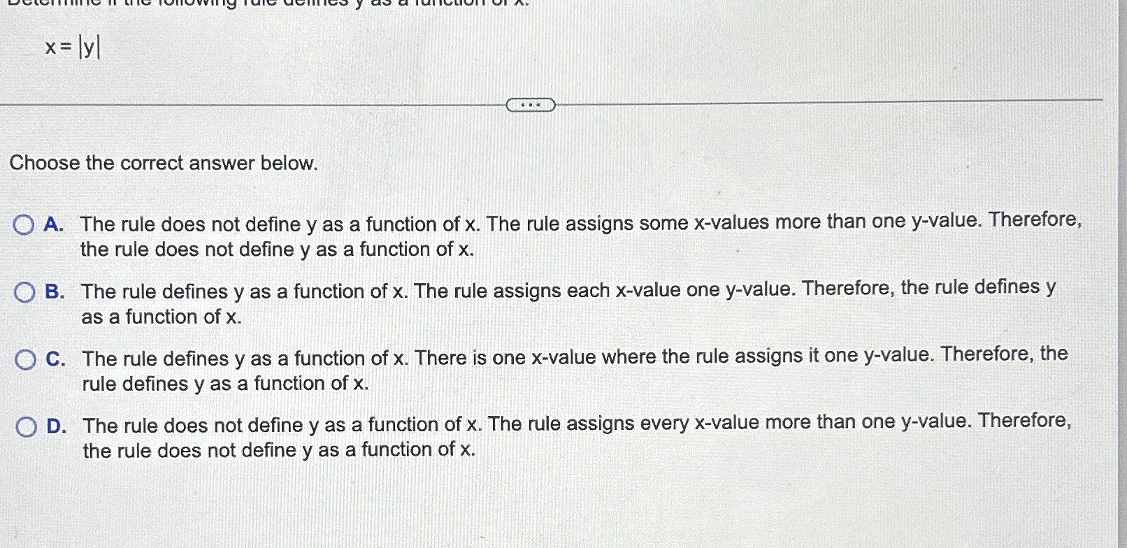 Solved x=|y|Choose the correct answer below.A. ﻿The rule | Chegg.com