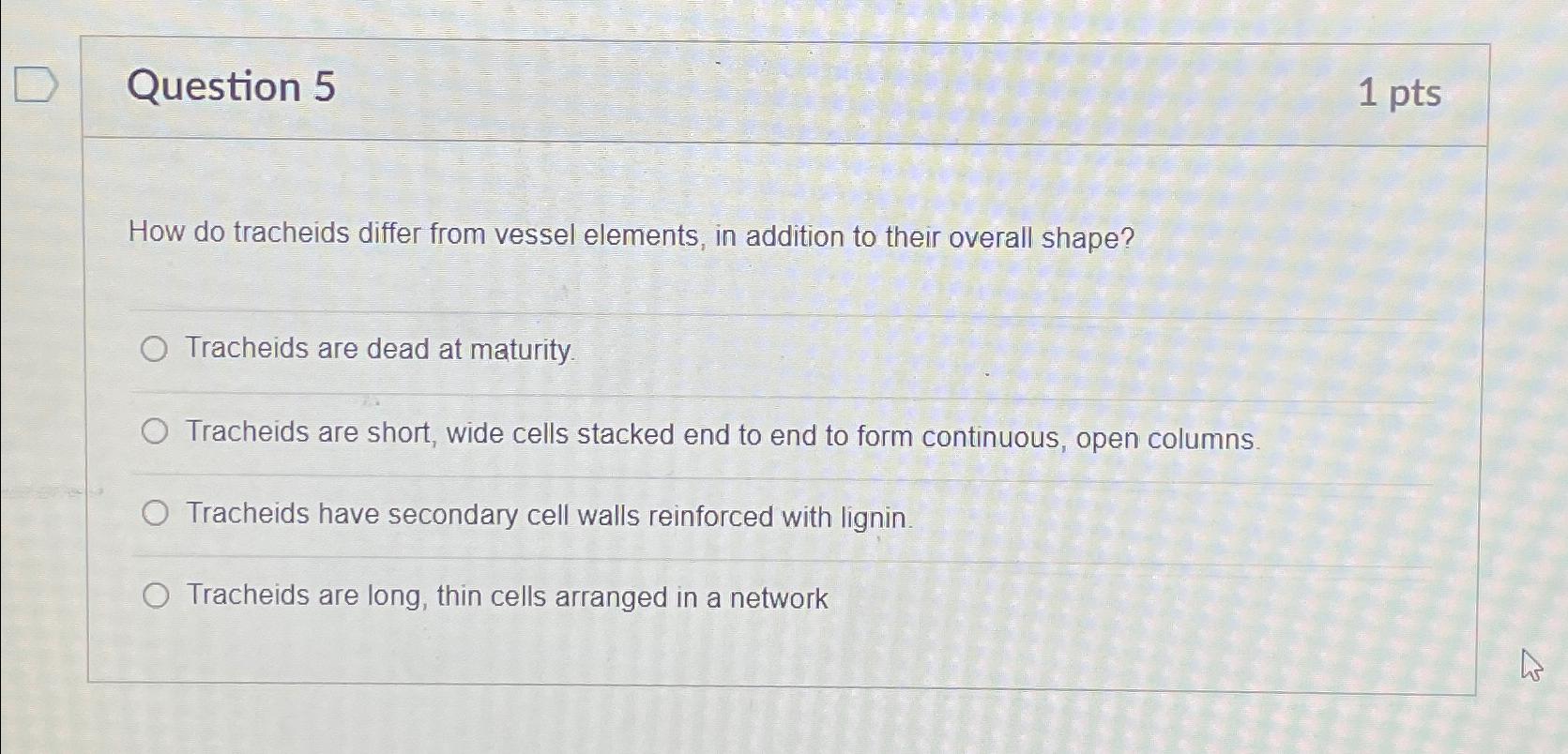 Solved Question 51 ﻿ptsHow do tracheids differ from vessel | Chegg.com
