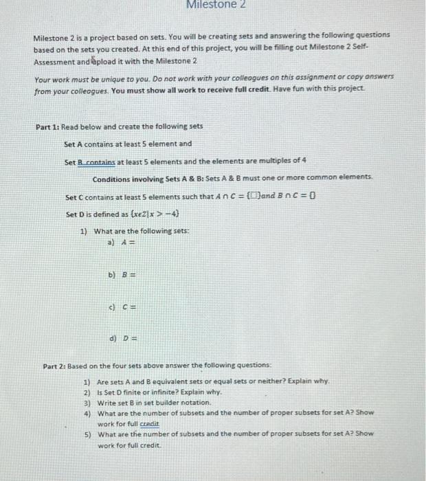 Milestone 2 Milestone 2 is a project based on sets. | Chegg.com