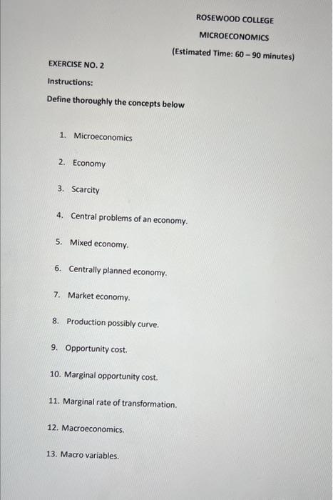 Solved EXERCISE NO. 2 Instructions: Define thoroughly the | Chegg.com