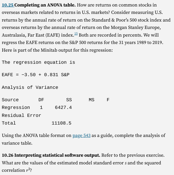 Solved 10.25 ﻿Completing an ANOVA table. How are returns on | Chegg.com