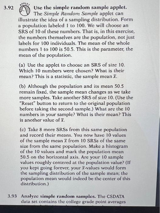 Solved 3.92 Use the simple random sample applet. The Simple | Chegg.com