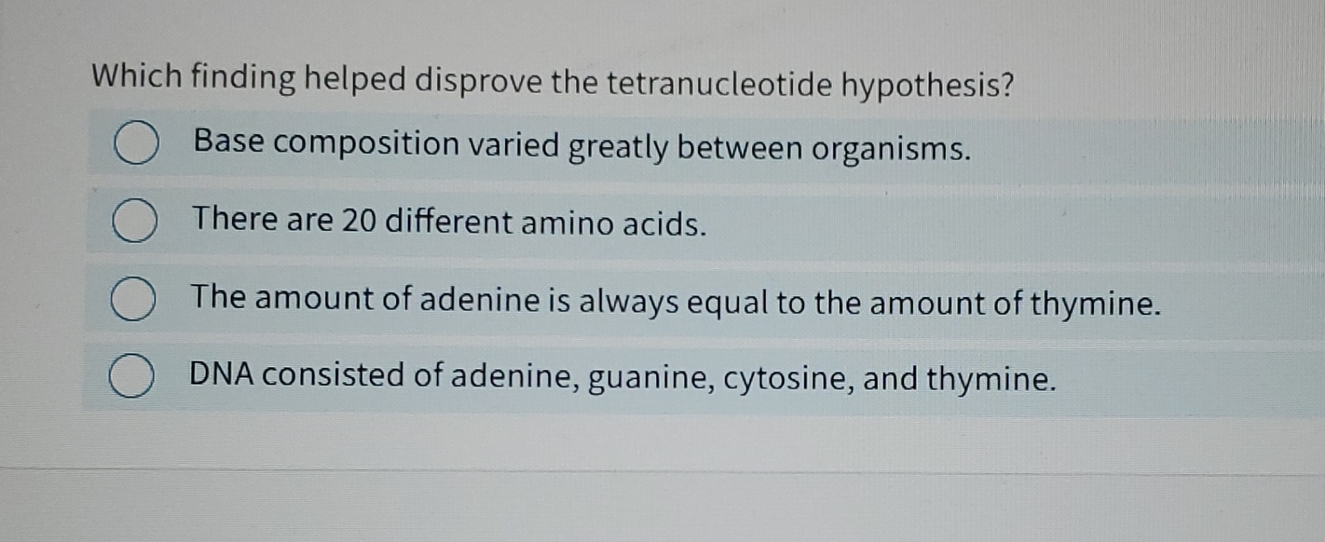 Solved Which finding helped disprove the tetranucleotide | Chegg.com