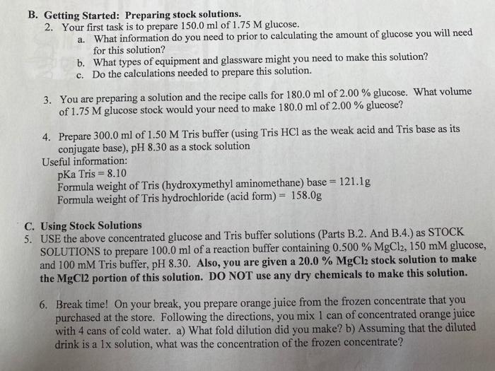 Solved B. Getting Started: Preparing stock solutions. 2. | Chegg.com