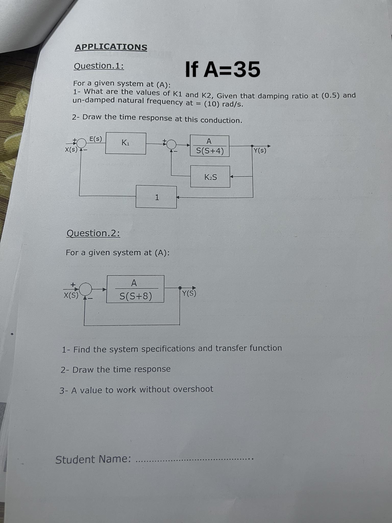 APPLICATIONSQuestion.1:If A=35For a given system at | Chegg.com