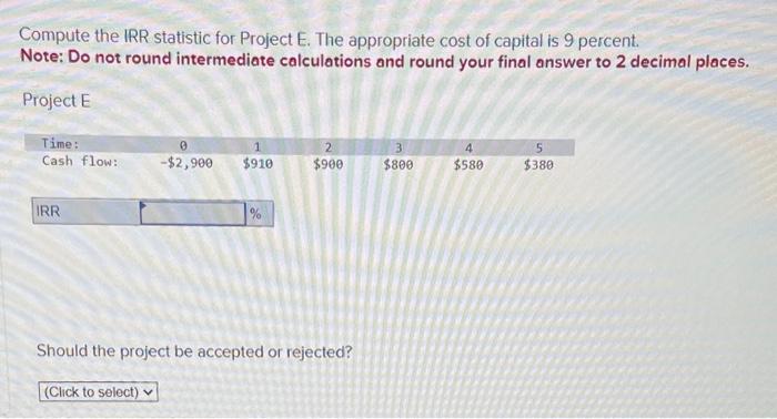 Solved Compute the IRR statistic for Project E. The | Chegg.com