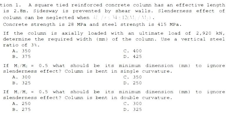 Solved tion 1. A square tied reinforced concrete column has | Chegg.com