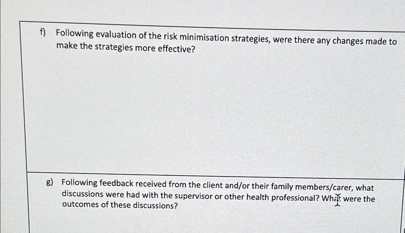 Solved f) ﻿Following evaluation of the risk minimisation | Chegg.com