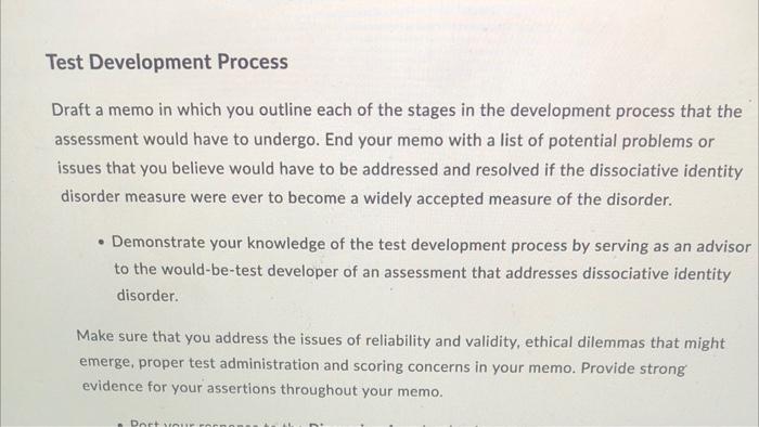 Solved Test Development Process Draft a memo in which you | Chegg.com