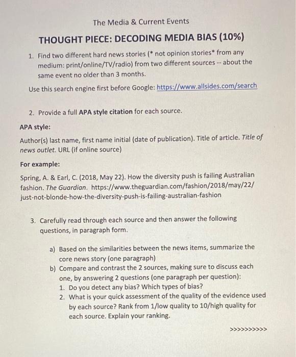 The Media \& Current Events THOUGHT PIECE: DECODING | Chegg.com