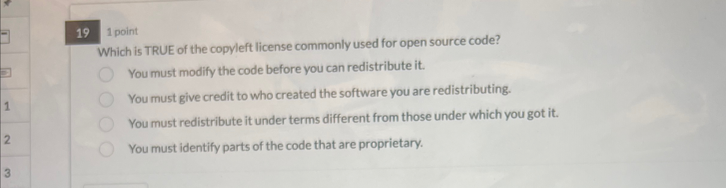 Solved 191 ﻿pointWhich is TRUE of the copyleft license | Chegg.com