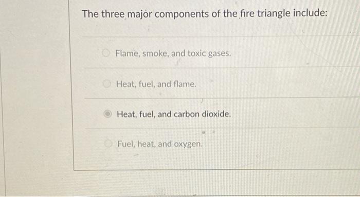 Solved The three major components of the fire triangle | Chegg.com