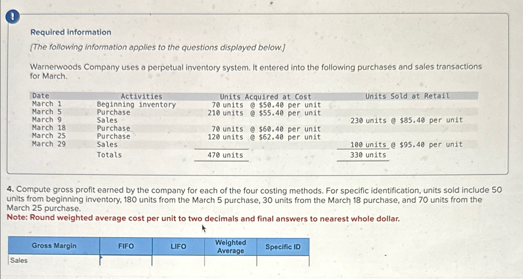 Solved USE TABLE WHEN ANSWERINGRequired information[The | Chegg.com