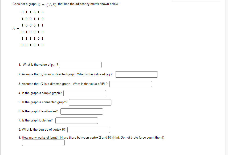 Solved Consider a graph G=(V,E) ﻿that has the adjacency | Chegg.com
