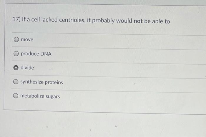 Solved 17) If a cell lacked centrioles, it probably would | Chegg.com