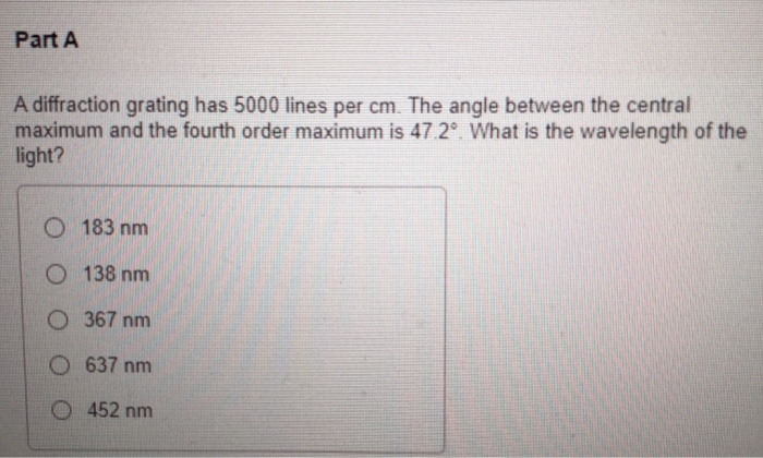 Solved Part A A diffraction grating has 5000 lines per cm. | Chegg.com
