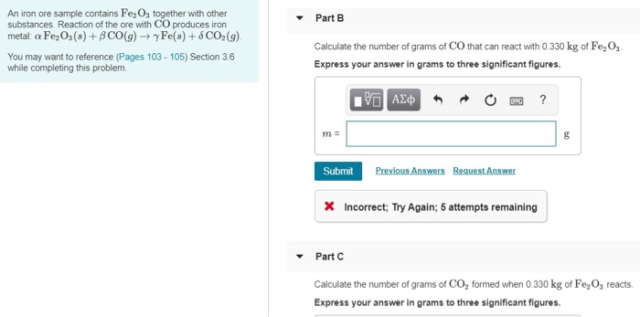 Solved Part B An Iron Ore Sample Contains Fe2o Together