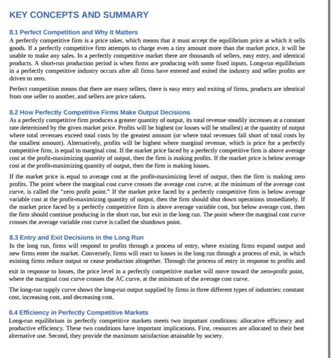 Solved KEY CONCEPTS AND SUMMARY 8.1 Perfect Competition and | Chegg.com