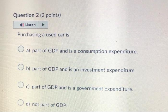 Solved Purchasing a used car is a) part of GDP and is a | Chegg.com