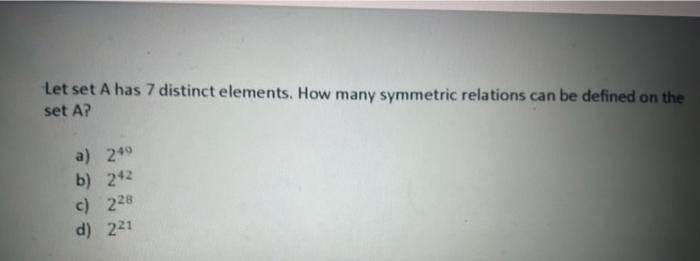 Solved Let set A has 7 distinct elements. How many symmetric | Chegg.com