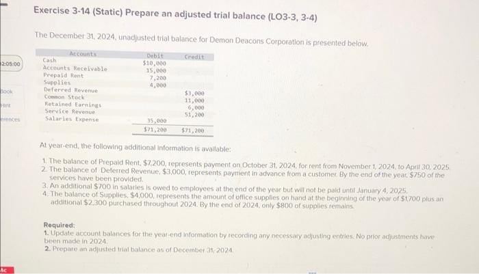 Solved Exercise 3-14 (Static) Prepare an adjusted trial | Chegg.com