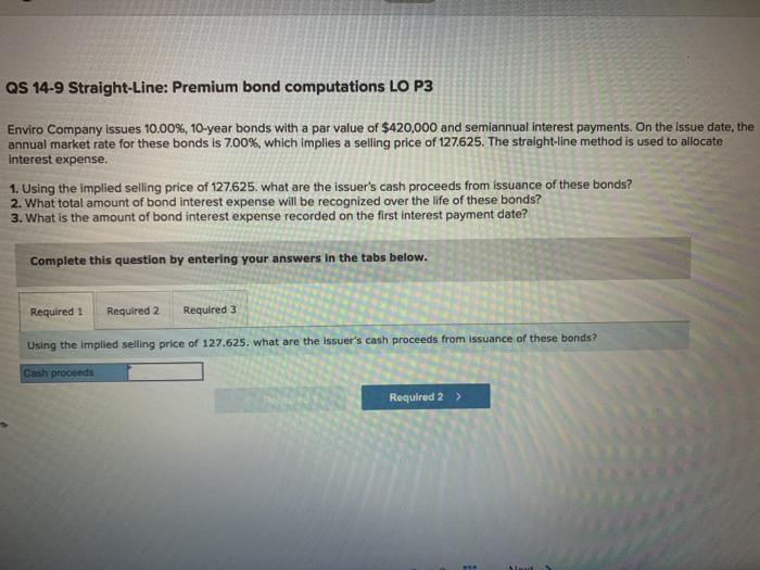 Solved QS 14-9 Straight-Line: Premium bond computations LO | Chegg.com