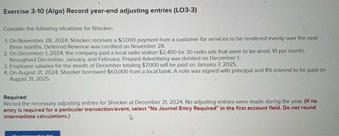 Solved Exercise 3-10 (Algo) Record year-end adjusting | Chegg.com