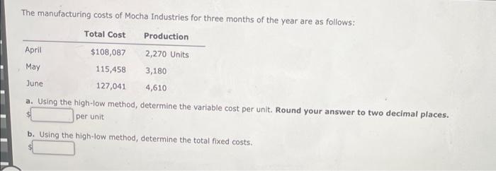 Solved The manufacturing costs of Mocha Industries for three | Chegg.com