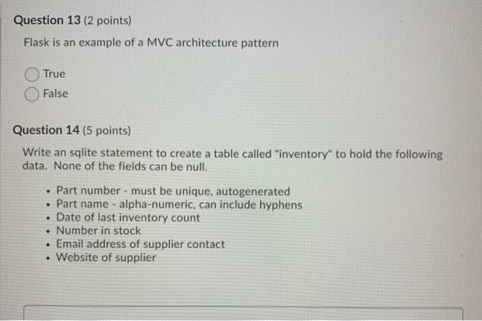Solved Question 13 (2 points) Flask is an example of a MVC | Chegg.com