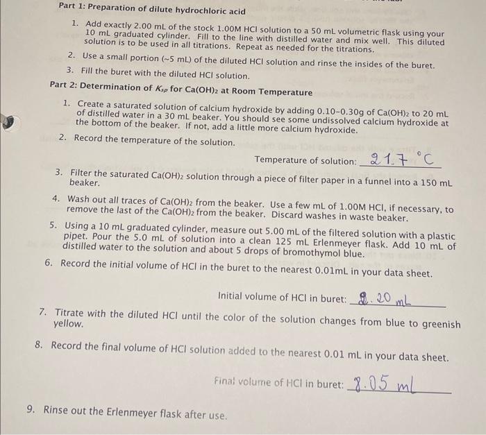 Solved Part 1: Preparation of dilute hydrochloric acid 1. | Chegg.com