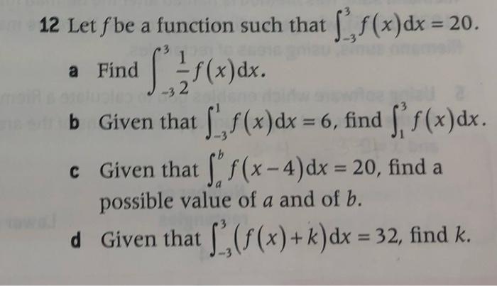 Solved 12 Let f be a function such that ∫−33f(x)dx=20. a | Chegg.com