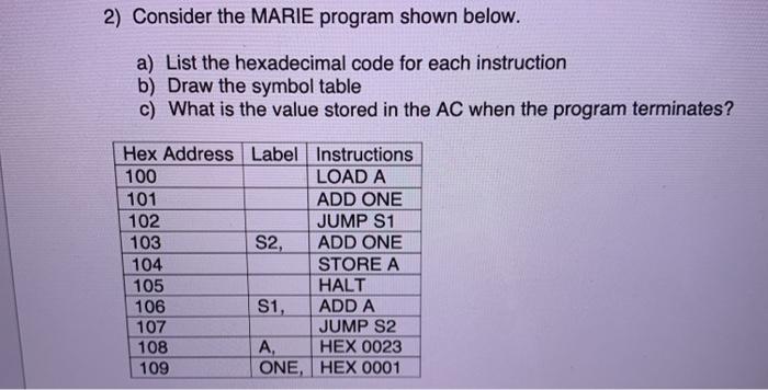 2) Consider the MARIE program shown below. a) List | Chegg.com