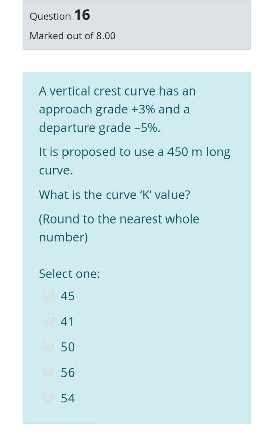 Solved Question 16 Marked Out Of 8 00 A Vertical Crest Curve