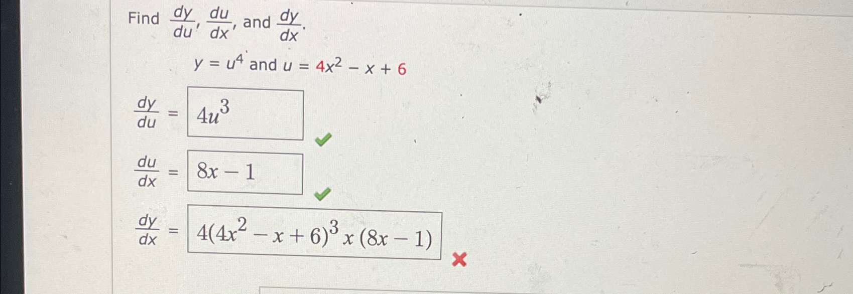 Find dydu,dudx, ﻿and dydxq,y=u4 ﻿and | Chegg.com