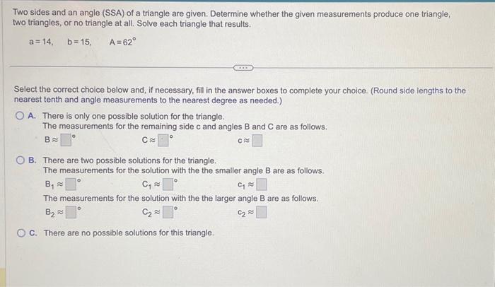 Solved Two sides and an angle (SSA) of a triangle are given. | Chegg.com