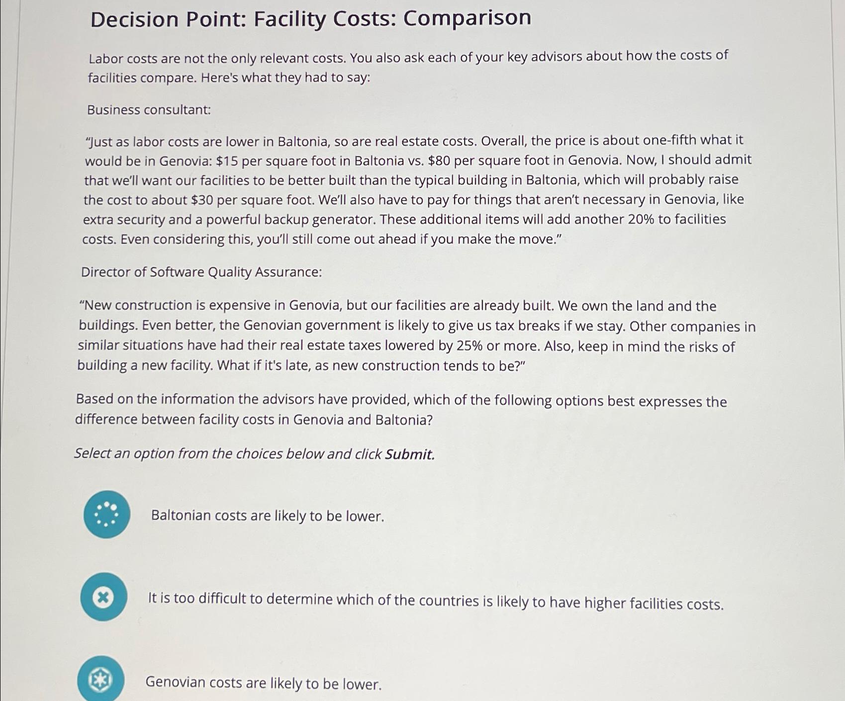 Solved Decision Point: Facility Costs: ComparisonLabor costs | Chegg.com