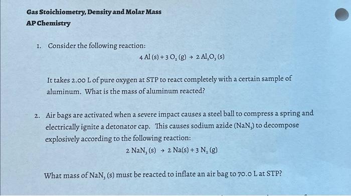 Solved Gas Stoichiometry, Density and Molar Mass AP | Chegg.com