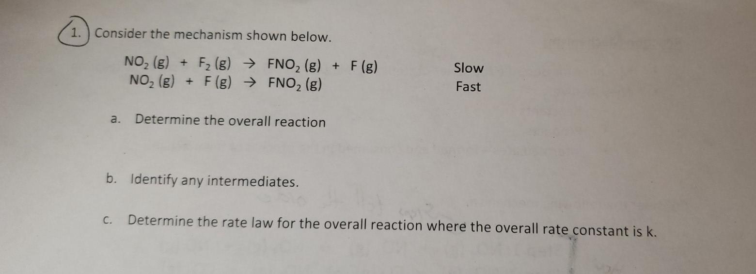 Solved 1.) Consider the mechanism shown below. NO2 (g) + F2 | Chegg.com