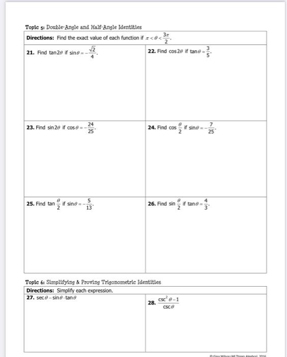 Solved Topic s: Double-Angle and Half-Angle Identities | Chegg.com