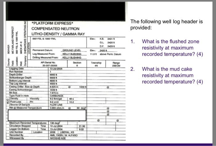 The following well log header is provided: "PLATFORM | Chegg.com