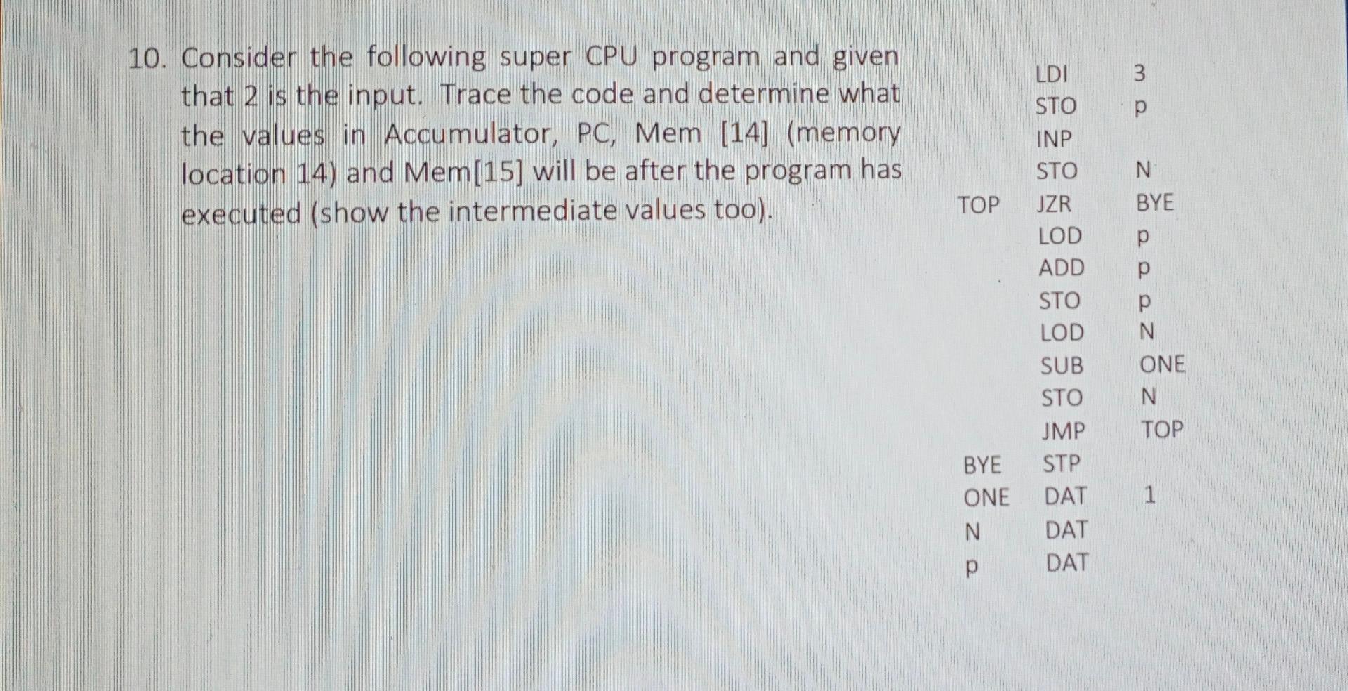 Solved LDI 3 р 10. Consider the following super CPU program | Chegg.com