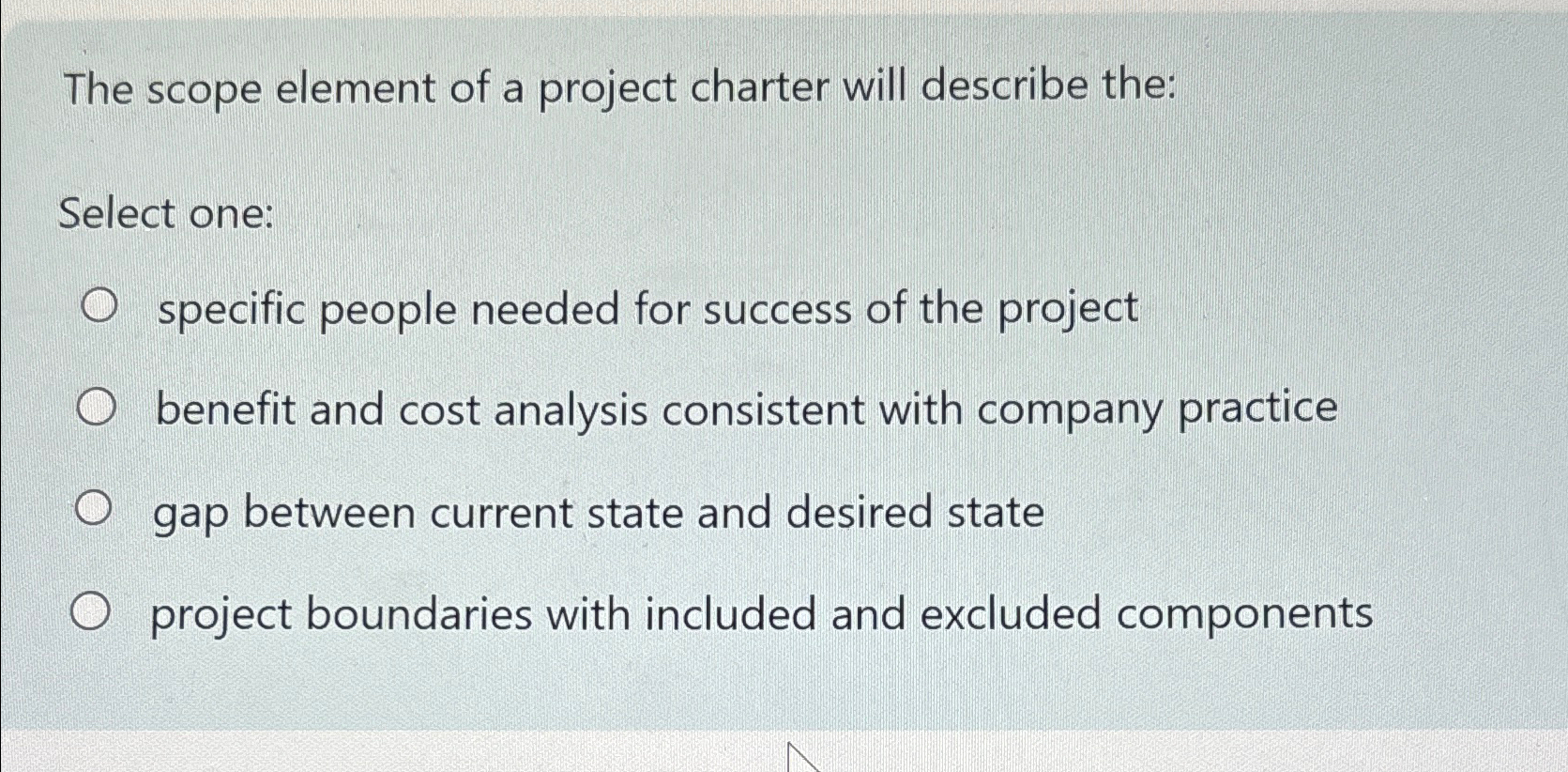 Solved The scope element of a project charter will describe | Chegg.com