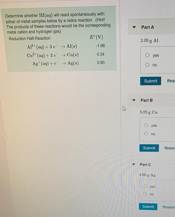 Solved Part A Determine whether HI(aq) will react | Chegg.com