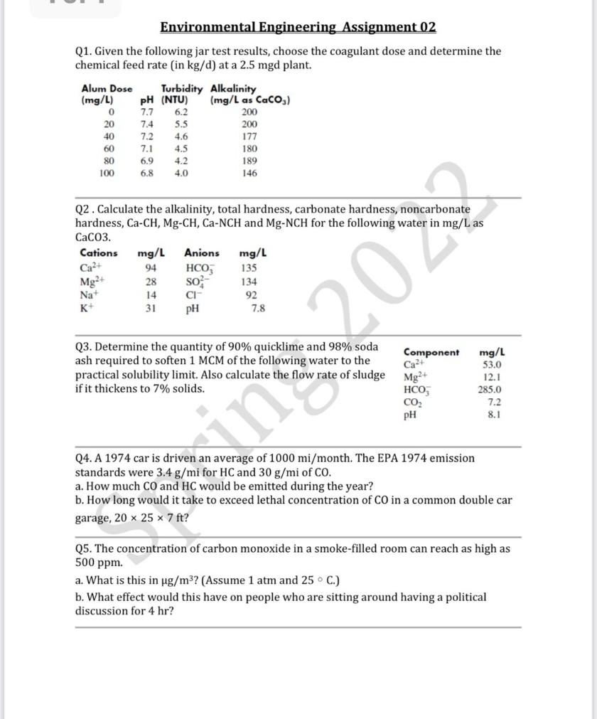 Solved Environmental Engineering Assignment 02 Q1. Given the | Chegg.com