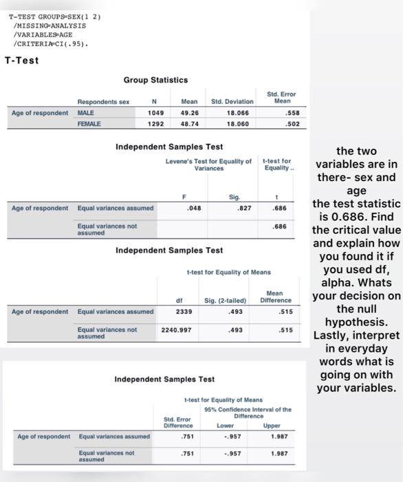 T-TEST GROUPS=SEX( 12) /MISSING-ANALYSIS | Chegg.com
