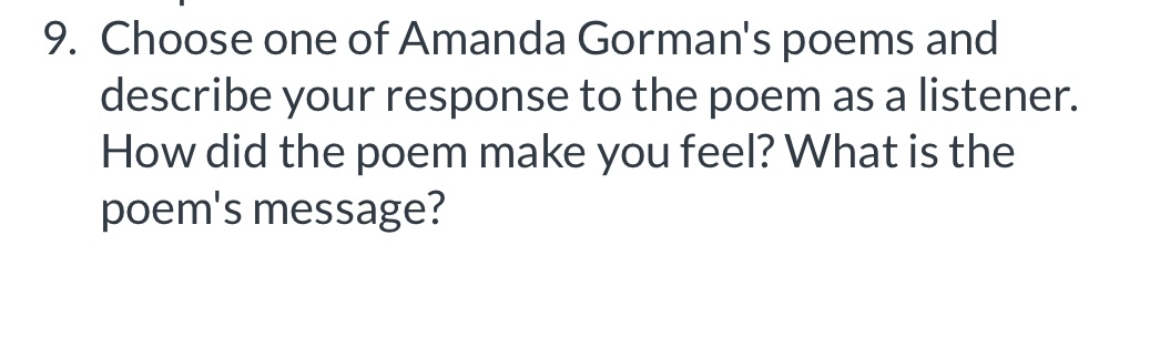 Solved Choose one of Amanda Gorman's poems and describe your | Chegg.com