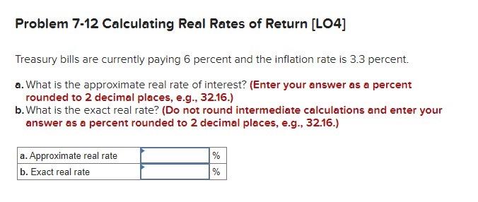Solved Problem 7-12 Calculating Real Rates of Return [LO4] | Chegg.com